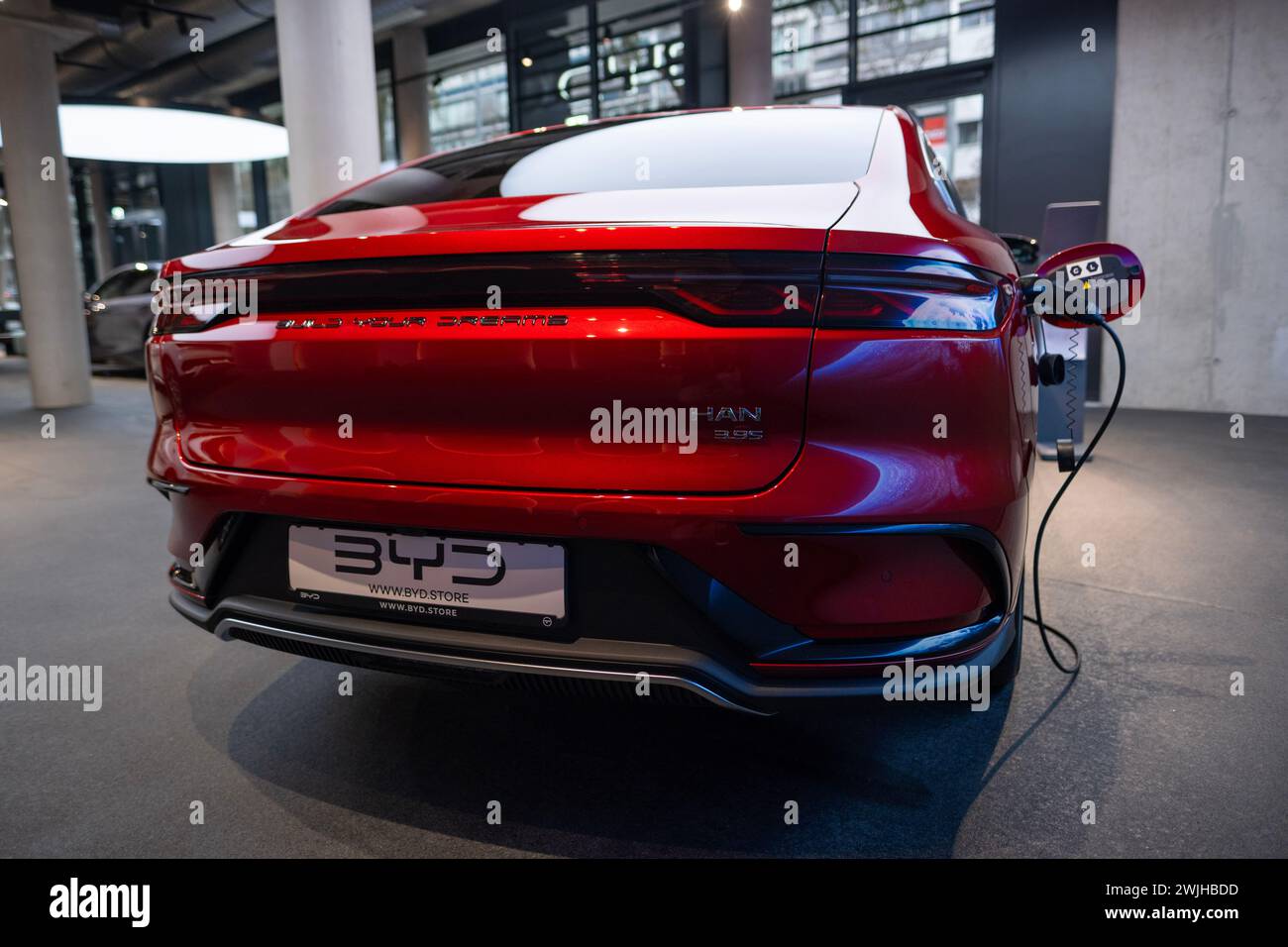 new red BYD Han EV 3.95, rear view, Electric Vehicle Chinese ...