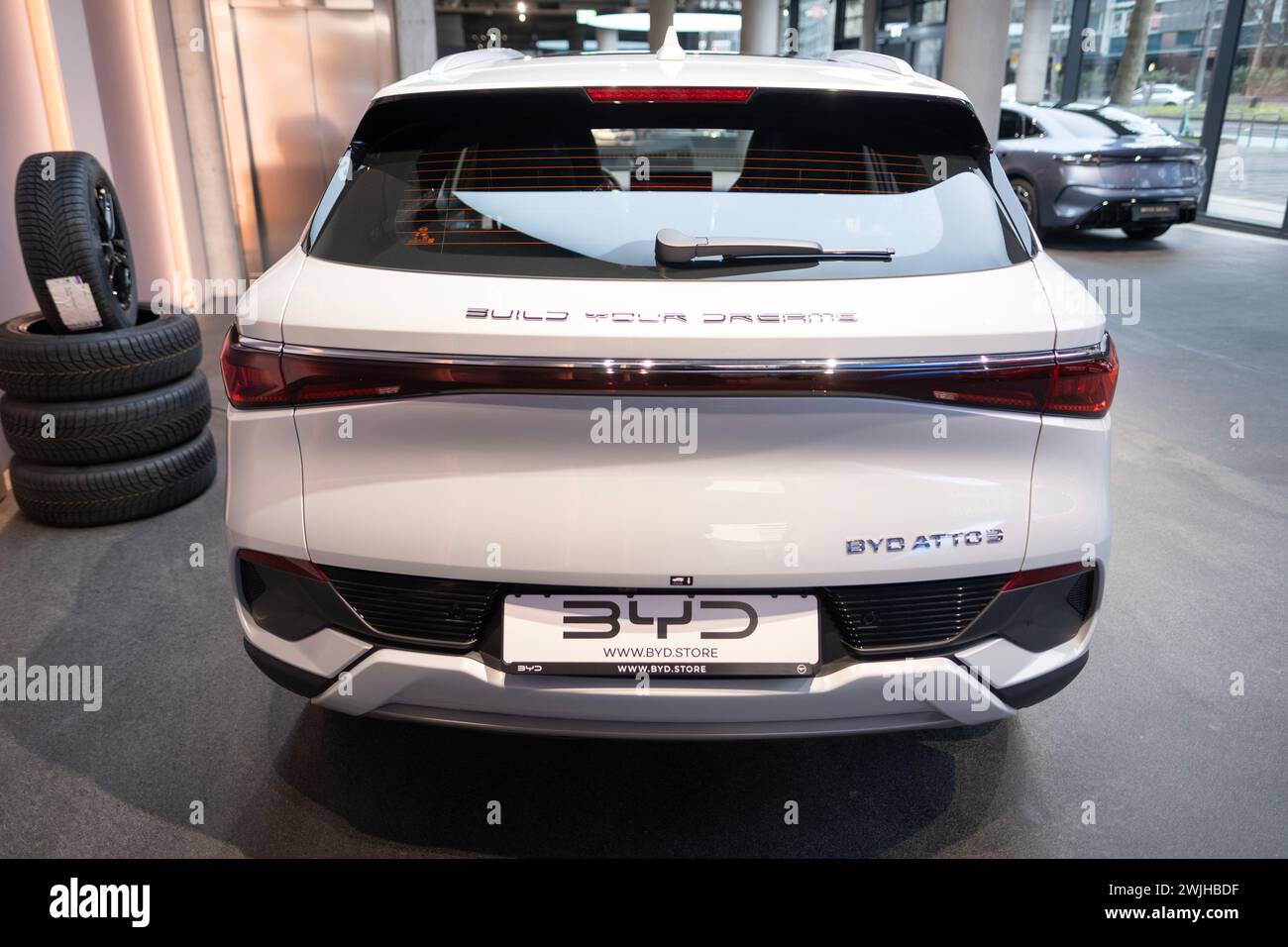 new white BYD Han EV 3.95, rear view, Electric Vehicle Chinese ...