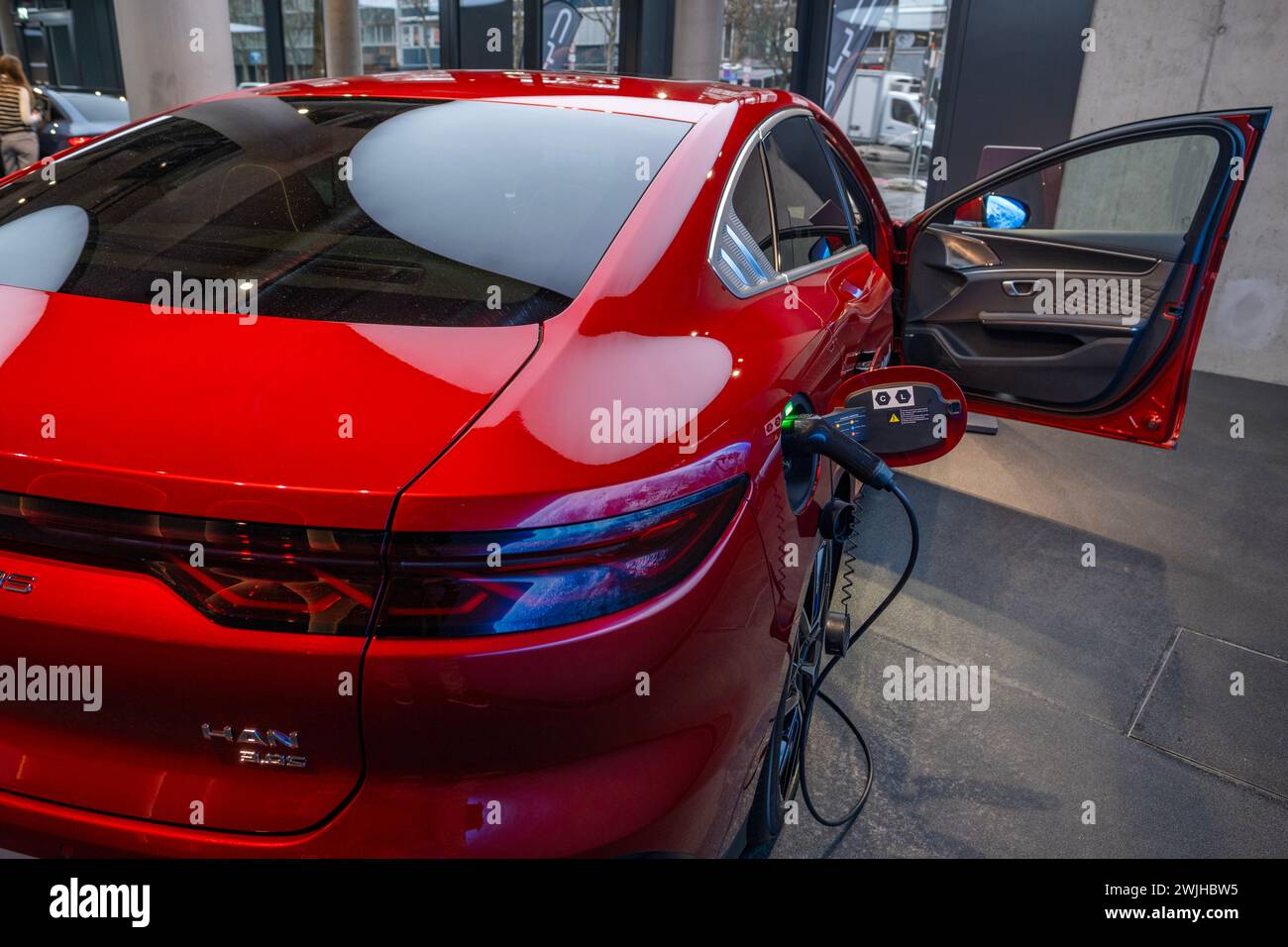 new red BYD Han EV 3.95, rear view, Electric Vehicle Chinese ...