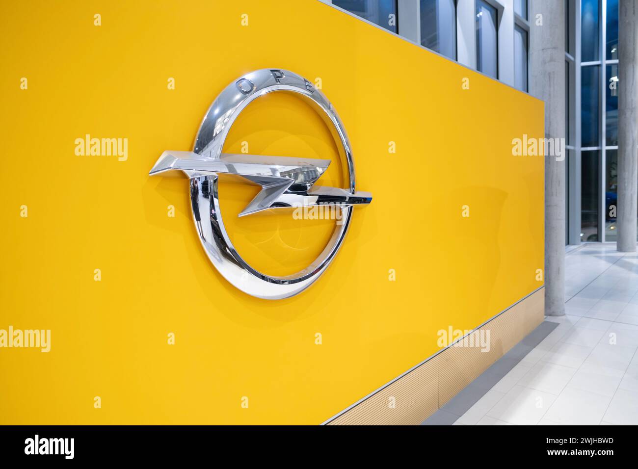 yellow Opel Automobile GmbH signboard close-up, innovation in design ...