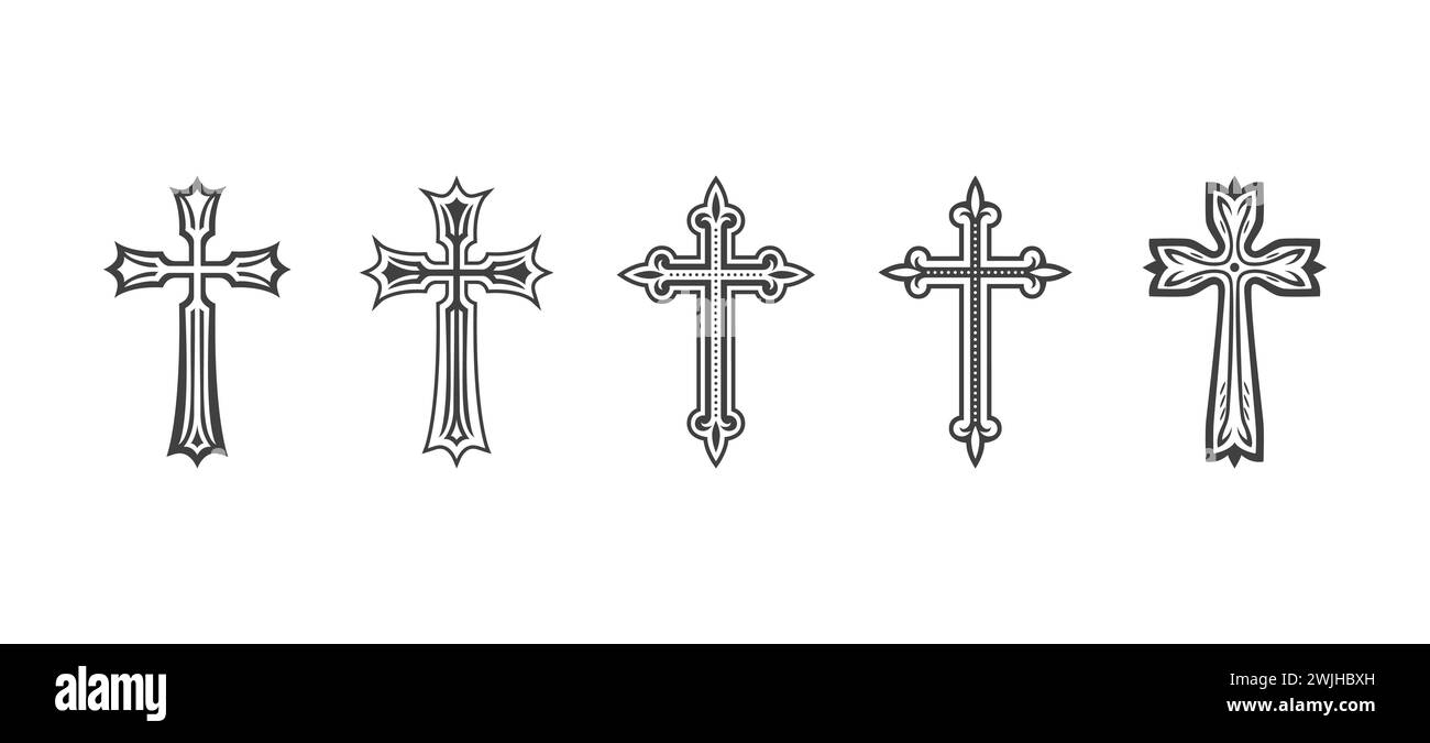 Flat Vector Black Christian Cross Icons Set Isolated on a White ...