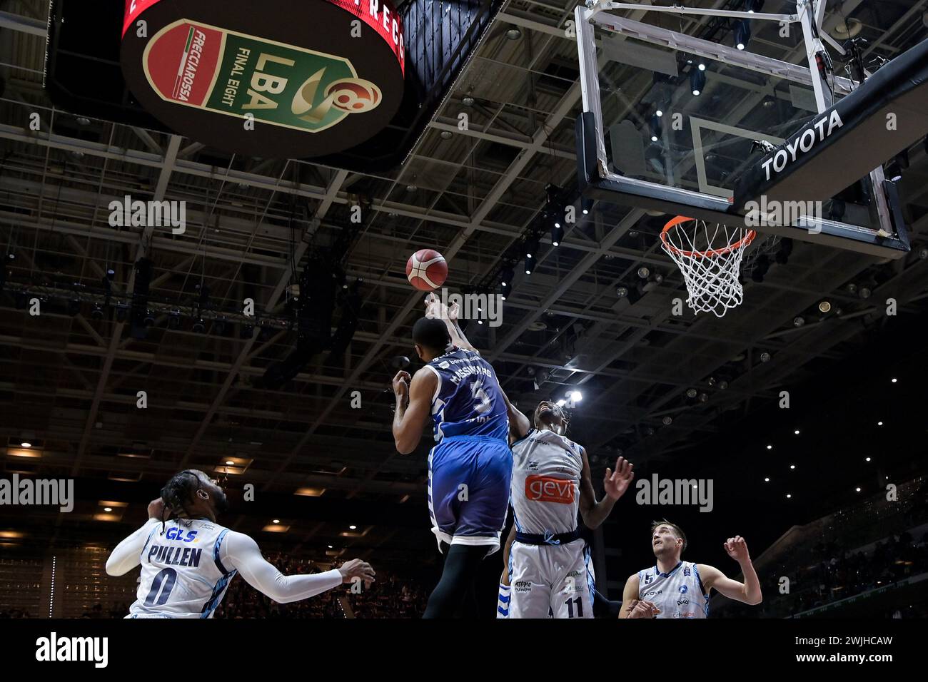 Torino, Italia. 15th Feb, 2024. GeVi Napoli Basket Tariq Owens defend the basket against Germani ...