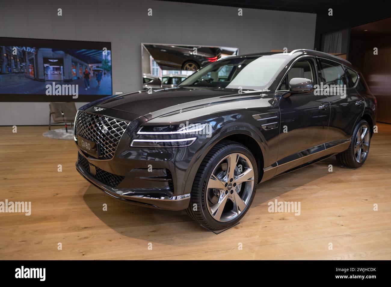 new grey Genesis GV80 Car, korean Hyundai Motors company in showroom ...