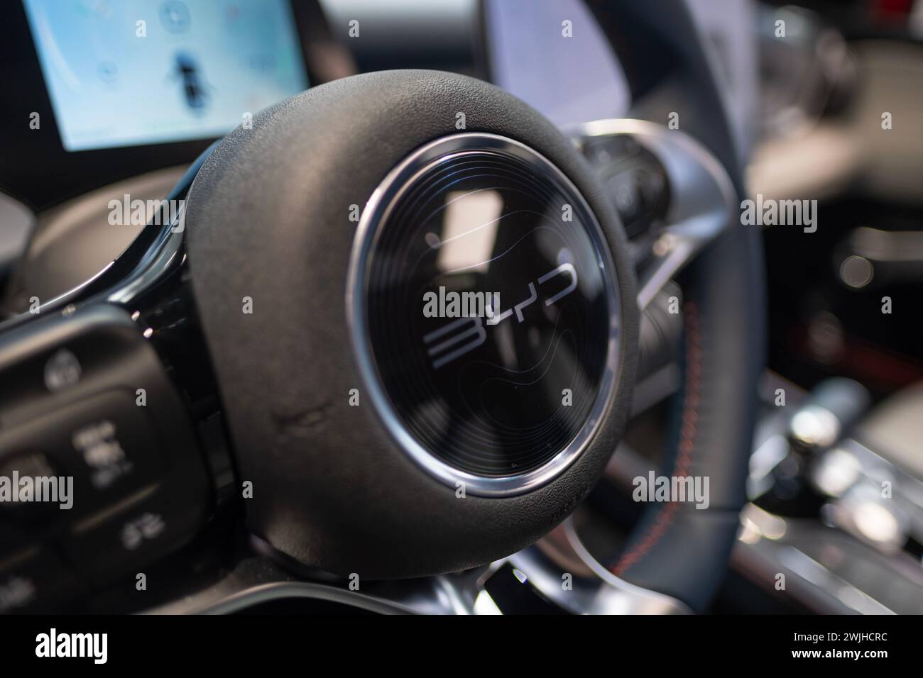Interior, cockpit of electric streamliner Hyundai IONIQ 6 car, digital ...