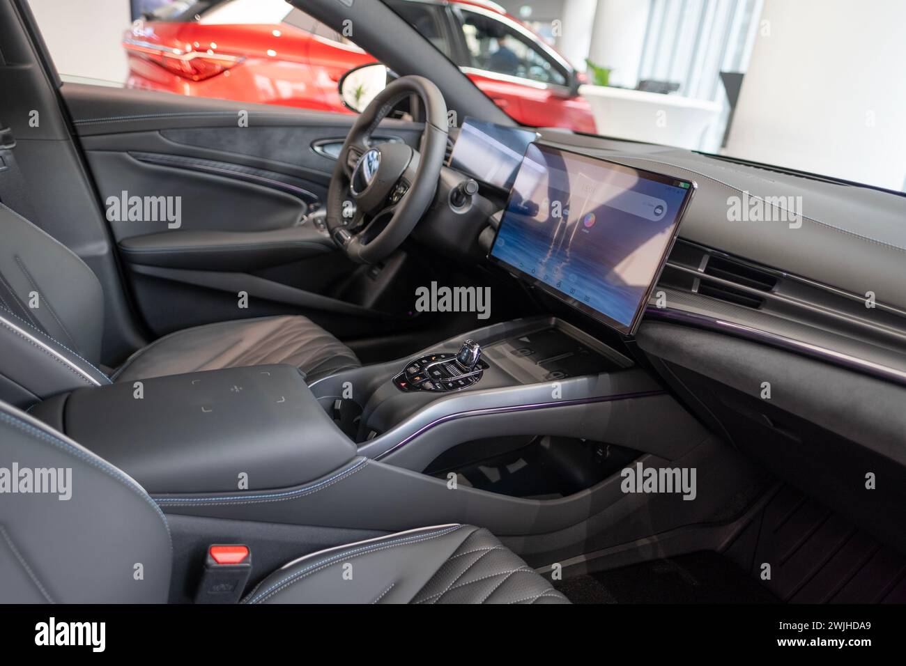Interior, cockpit, steering wheel of BYD Seal 2024 Electric Car, SUV ...