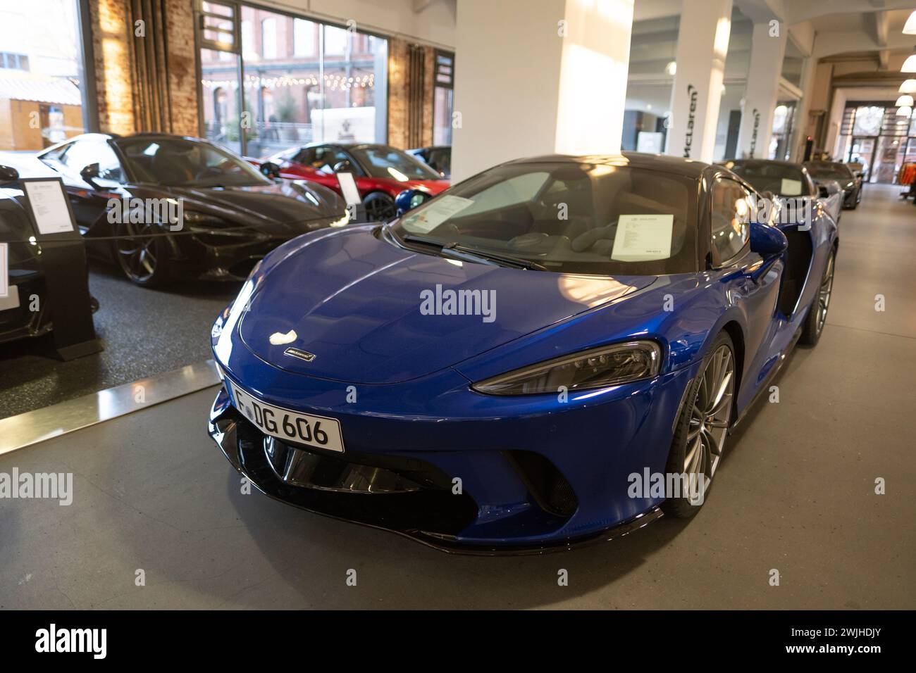 super-fast blue German McLaren GT Sports car, twin-turbocharged V8 ...