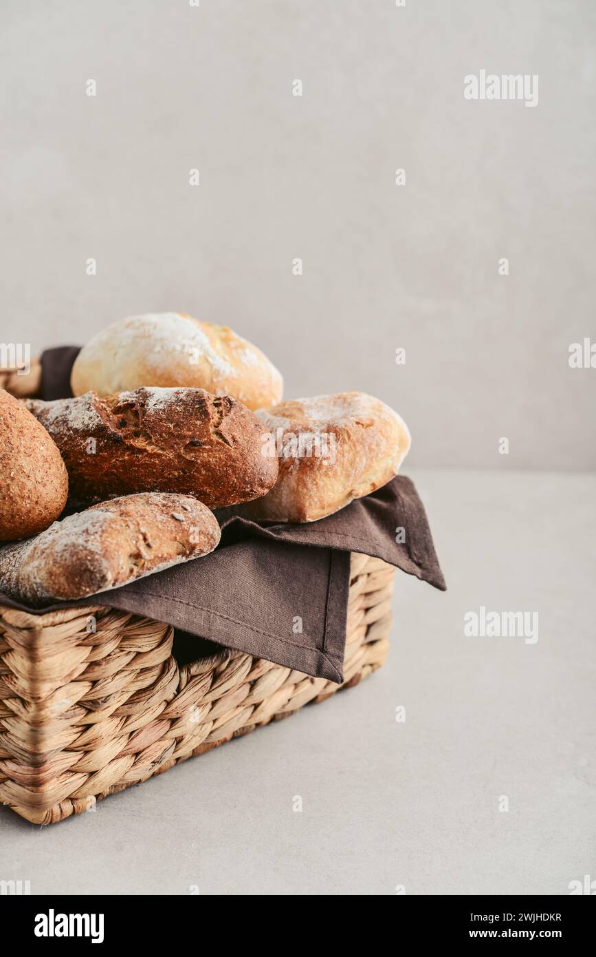 Assorted bakery products including loafs of bread, baguette and rolls ...