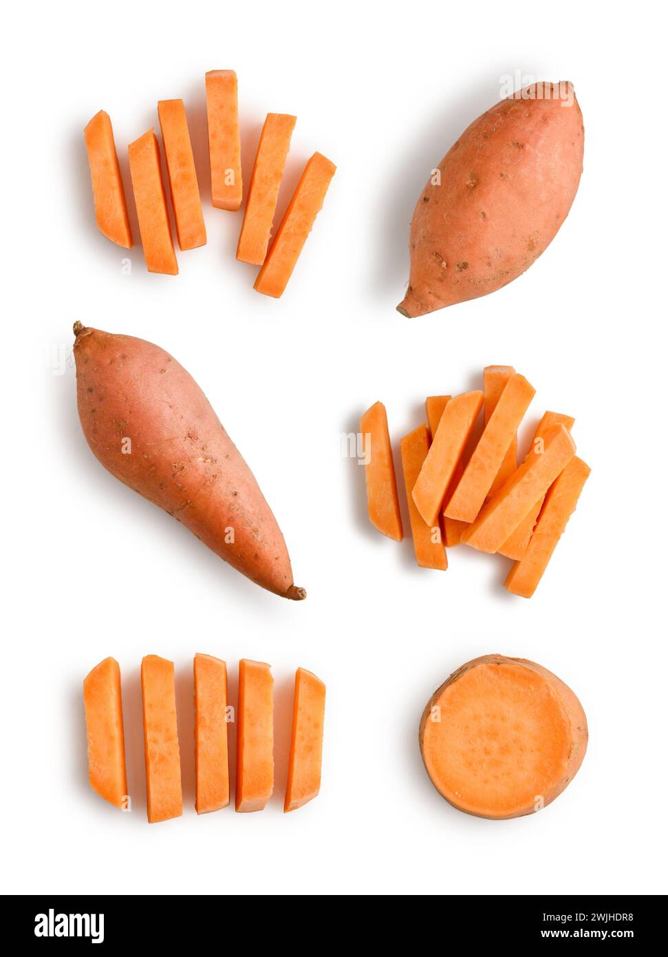 Set of fresh whole and sliced sweet potatoes isolated on white ...