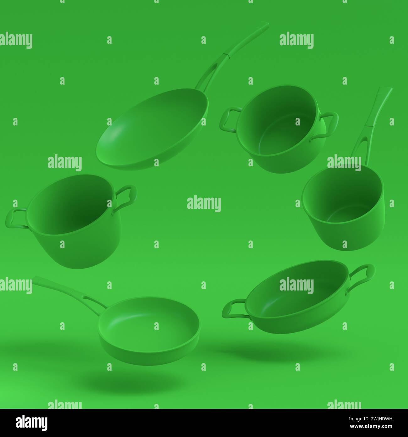 Set of flying stewpot, frying pan and plated cookware on monochrome ...