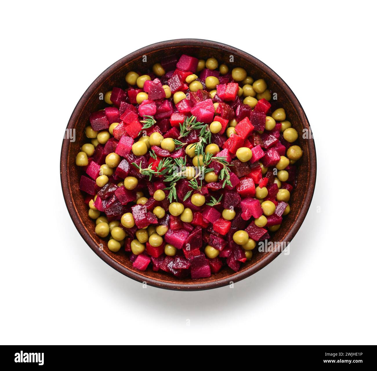 Vinegret - traditional Russian vegetable salad in bowl isolated on white background, top view ...