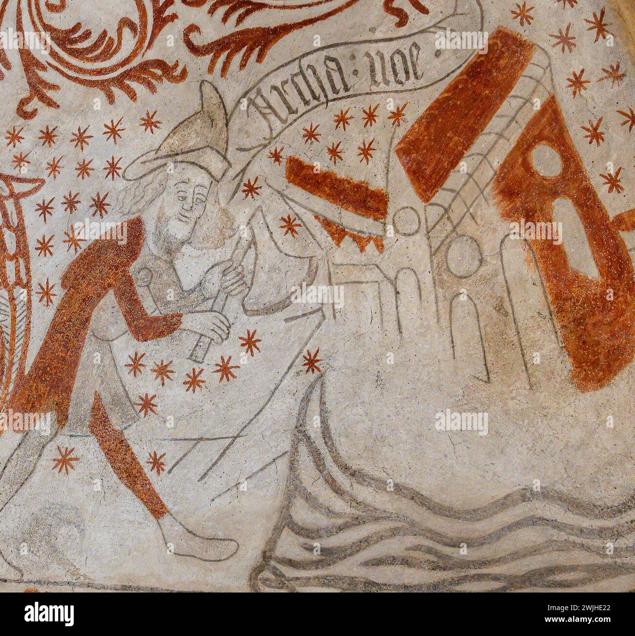 Noah builds the arch with an axe, fresco from the 1400s in Lynge church ...