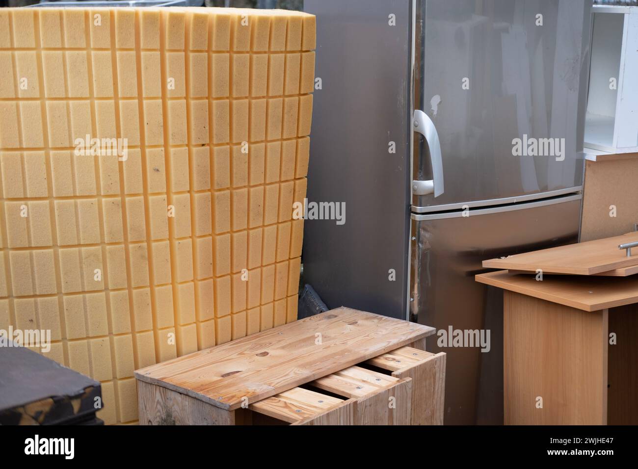 bulky waste, old furniture, tables, used things on street before ...