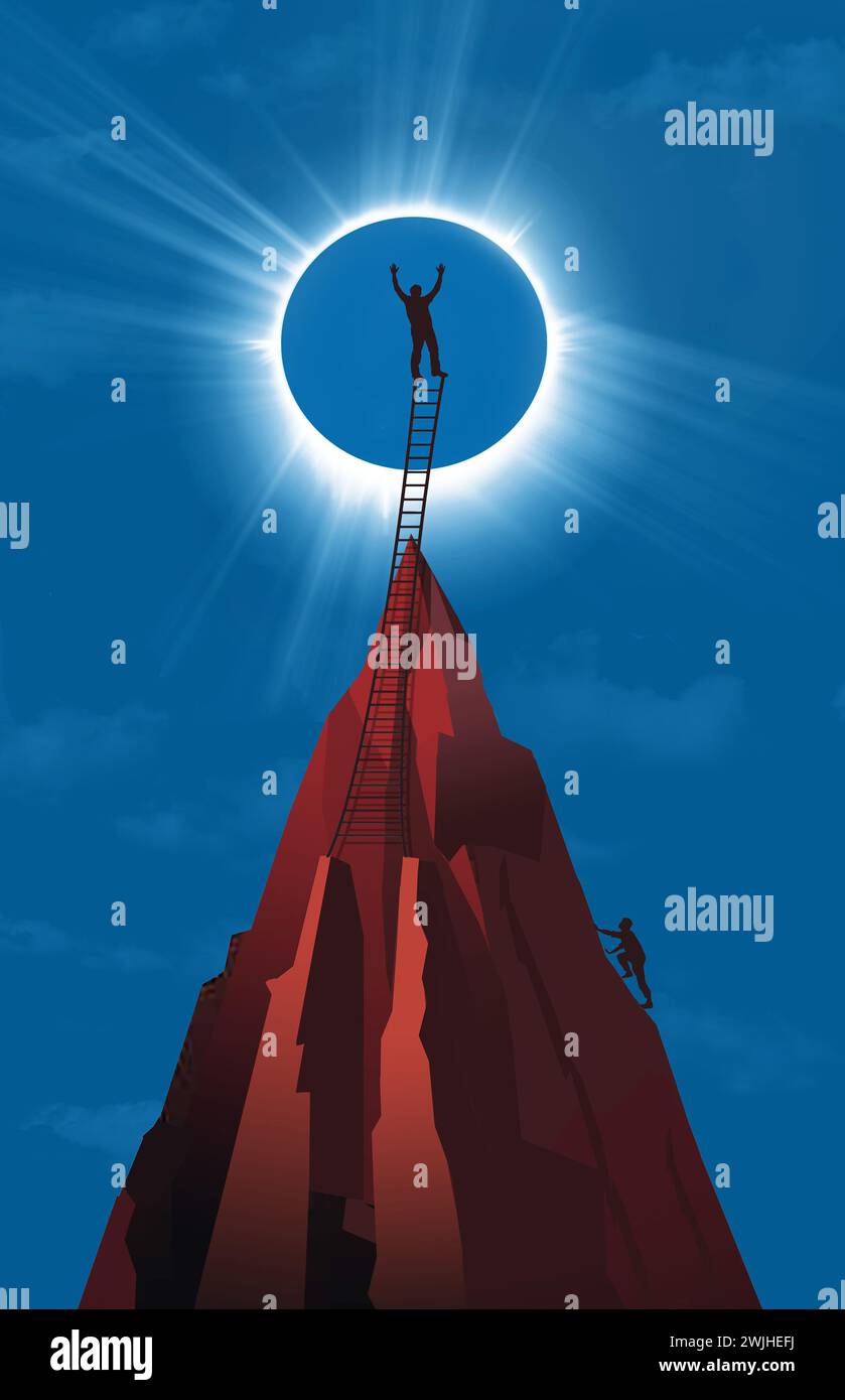 A closer look. A man climbs to a mountain peak to get a closer look a ...