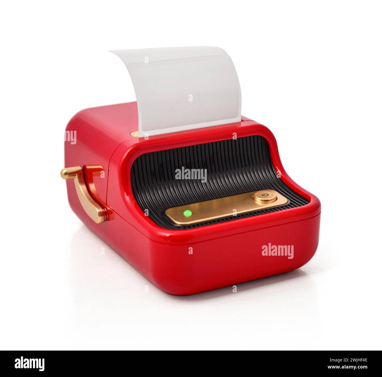 Small red printer for printing labels isolated on white background ...