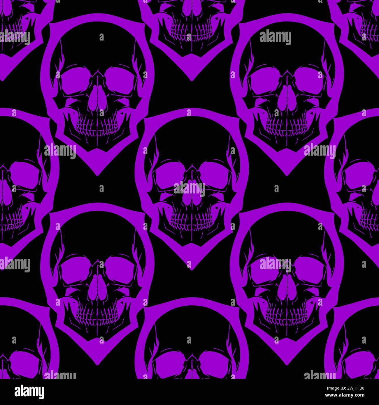 seamless symmetrical pattern of purple human skulls on a black ...