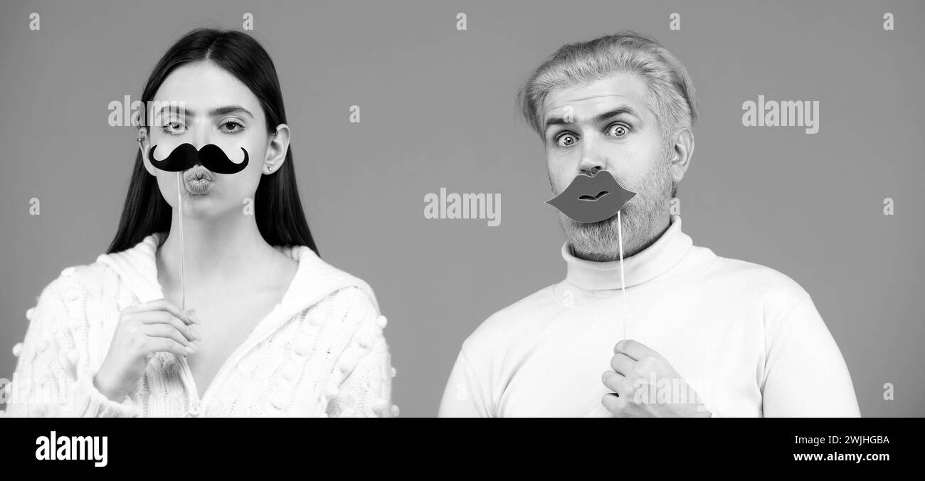 Woman with moustache and man with red lips. Couple gender equality ...