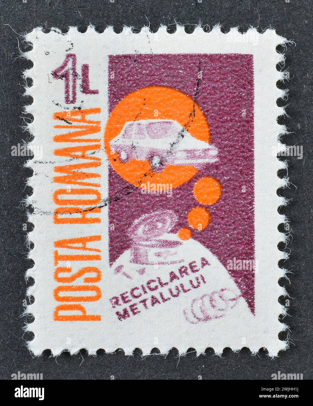 Cancelled postage stamp printed by Romania, that shows Car and Tin Can ...