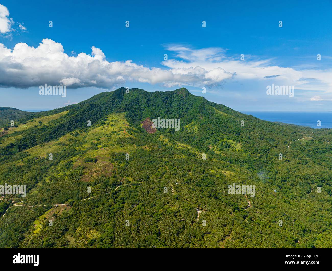 Mountain landscape with mountain peaks covered with forest. Slopes of ...