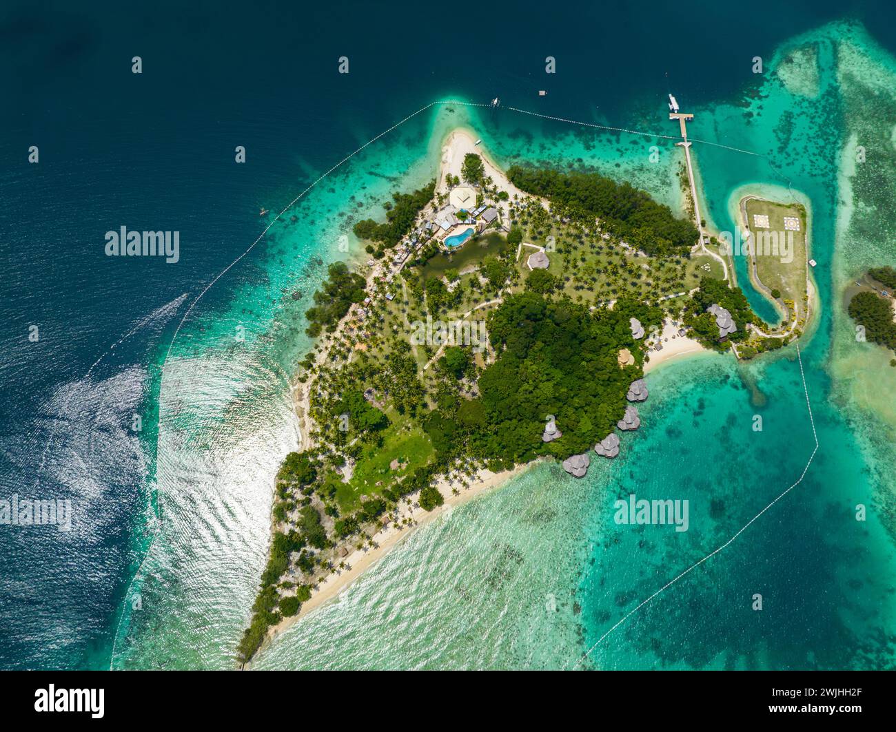 Island with beach and palm trees, surrounded by turquoise ocean with ...