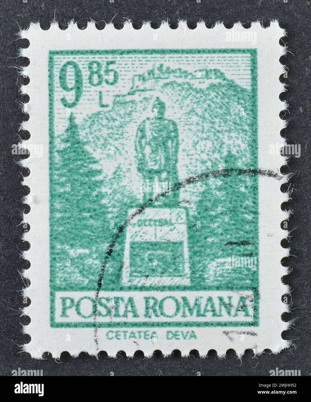 Cancelled postage stamp printed by Romania, that shows Deva citadel ...