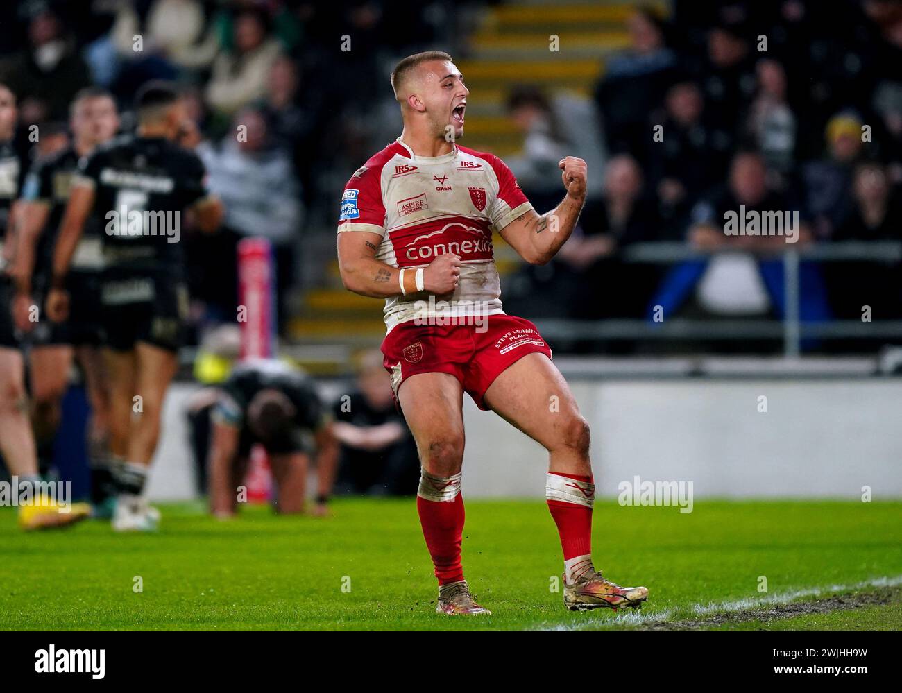 Hull KR's Mikey Lewis celebrates after team-mate Matt Parcell (not ...