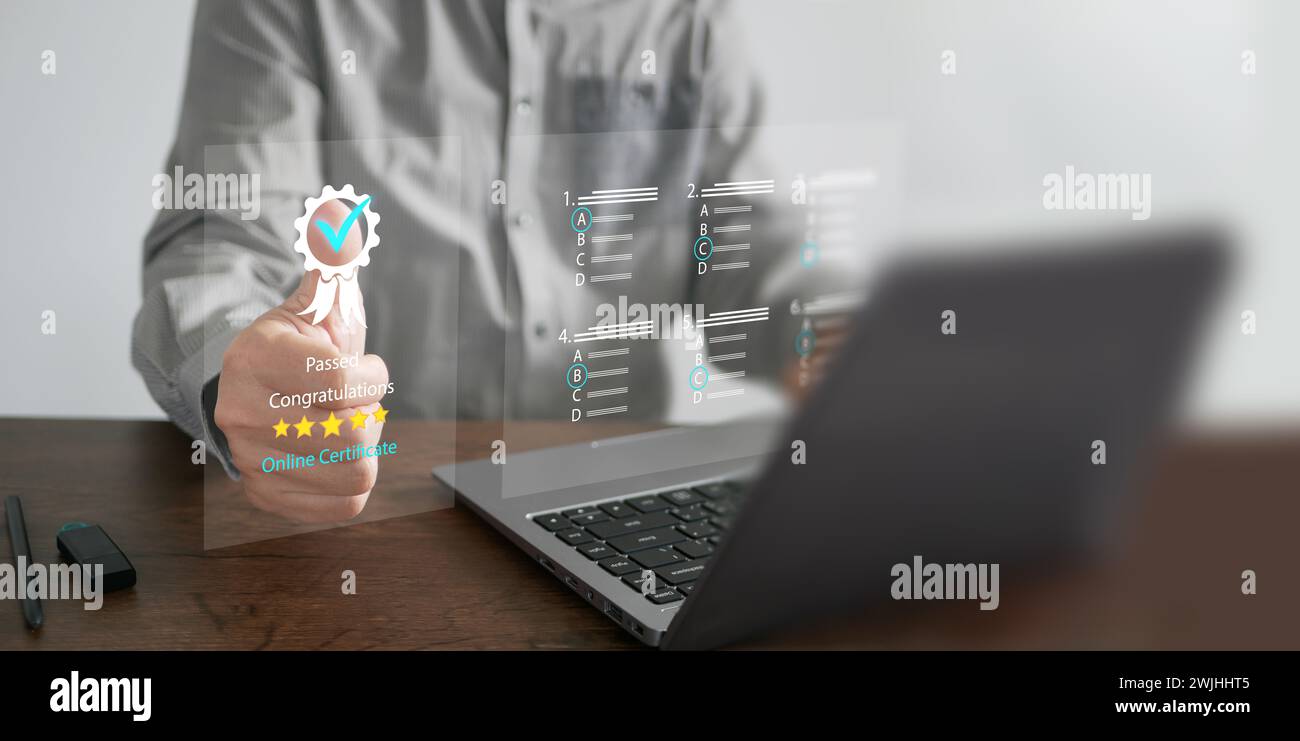 Online certification evaluation concept. A man takes assessment for ...
