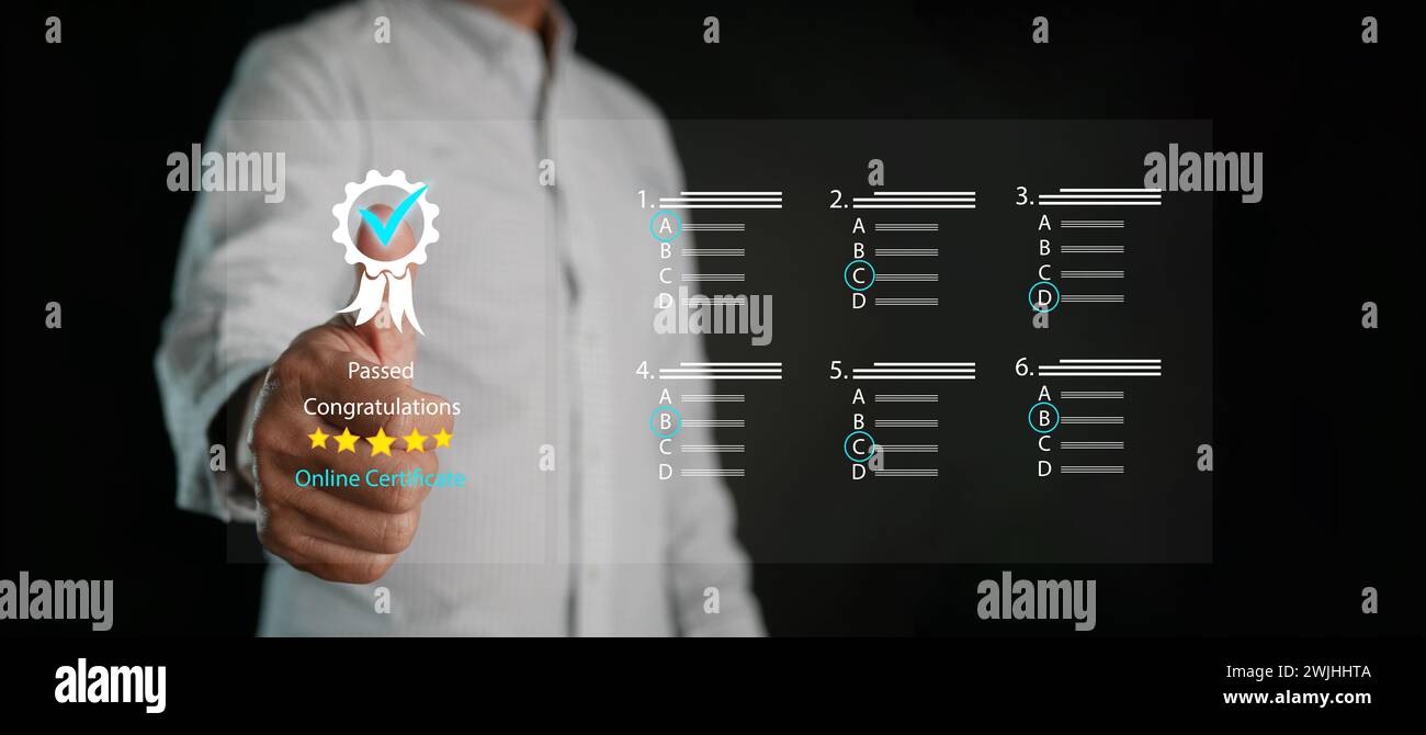 Online certification evaluation concept. A man takes assessment for ... Online certification evaluation concept. A man takes assessment for ...