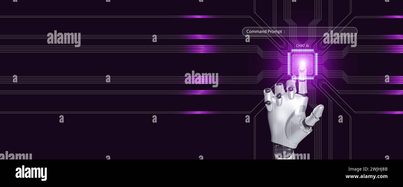 Robotic hand activates the chip, CPU, for chat with ai through a ...
