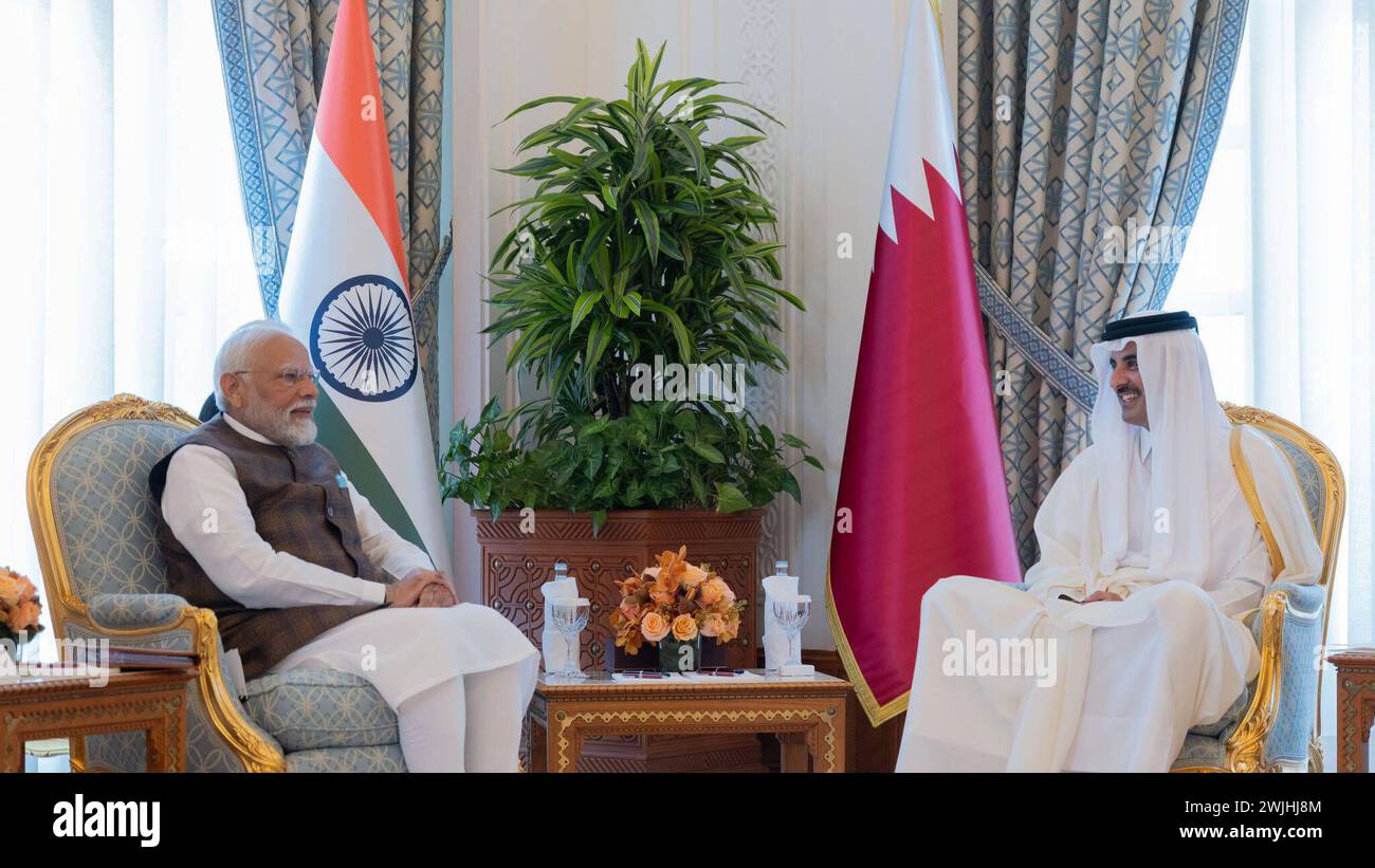 Qatari Emir Sheikh Tamim bin Hamad Al Thani receives the Prime Minister of the Republic of India ...