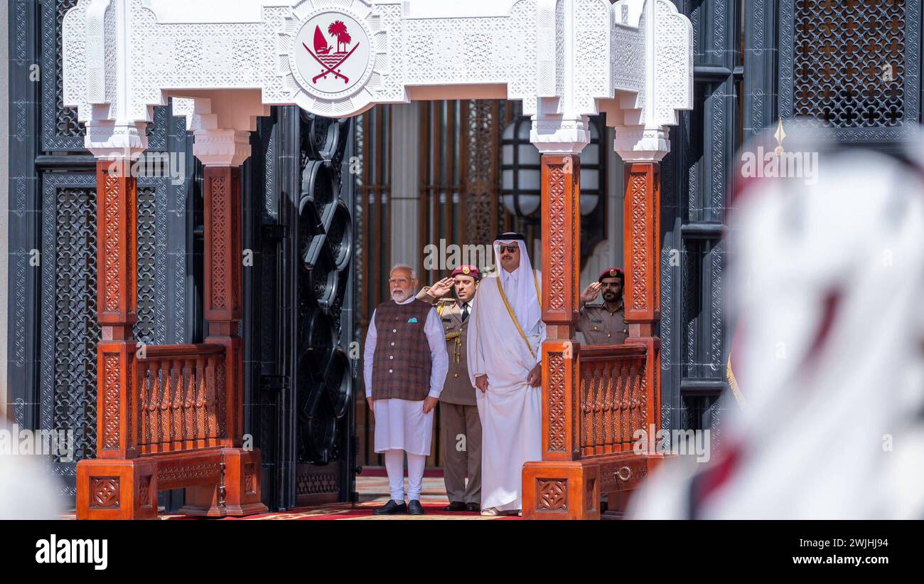 Qatari Emir Sheikh Tamim bin Hamad Al Thani receives the Prime Minister of the Republic of India ...