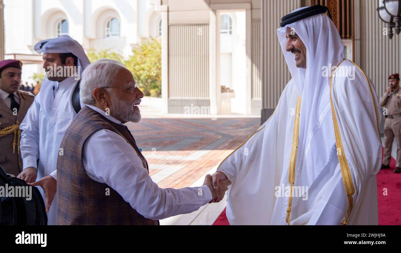 Qatari Emir Sheikh Tamim bin Hamad Al Thani receives the Prime Minister of the Republic of India ...