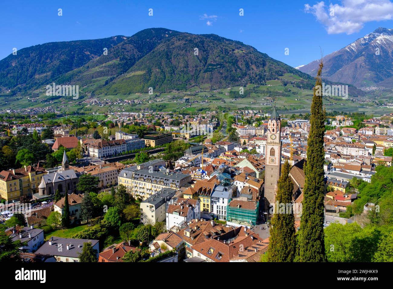 View of the historic centre of Merano with the parish church of the ...