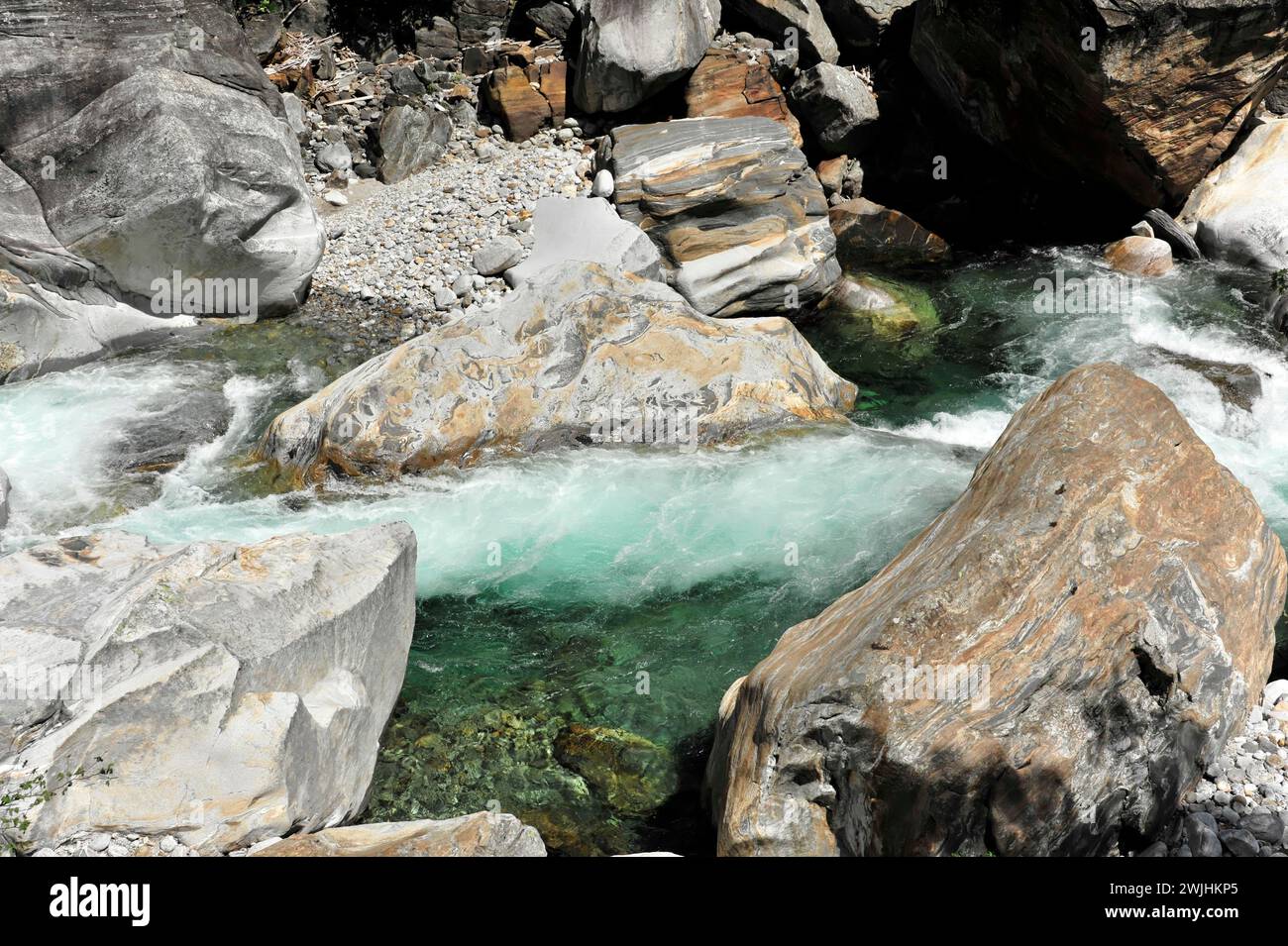 Verzasca mountain river, light-coloured orthogneiss, metamorphic rock ...