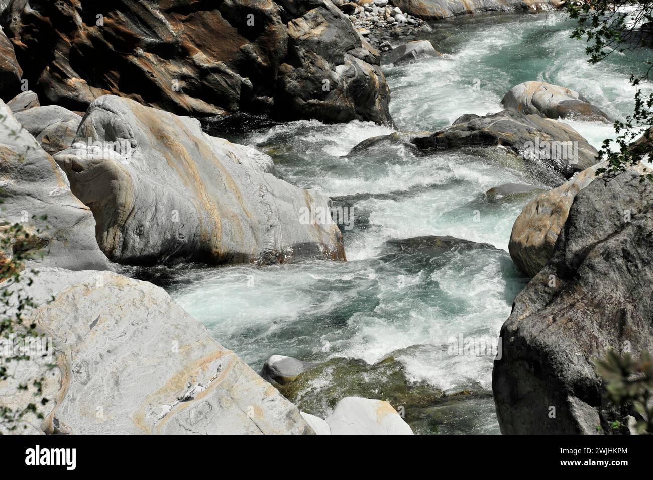 Verzasca mountain river, light-coloured orthogneiss, metamorphic rock ...