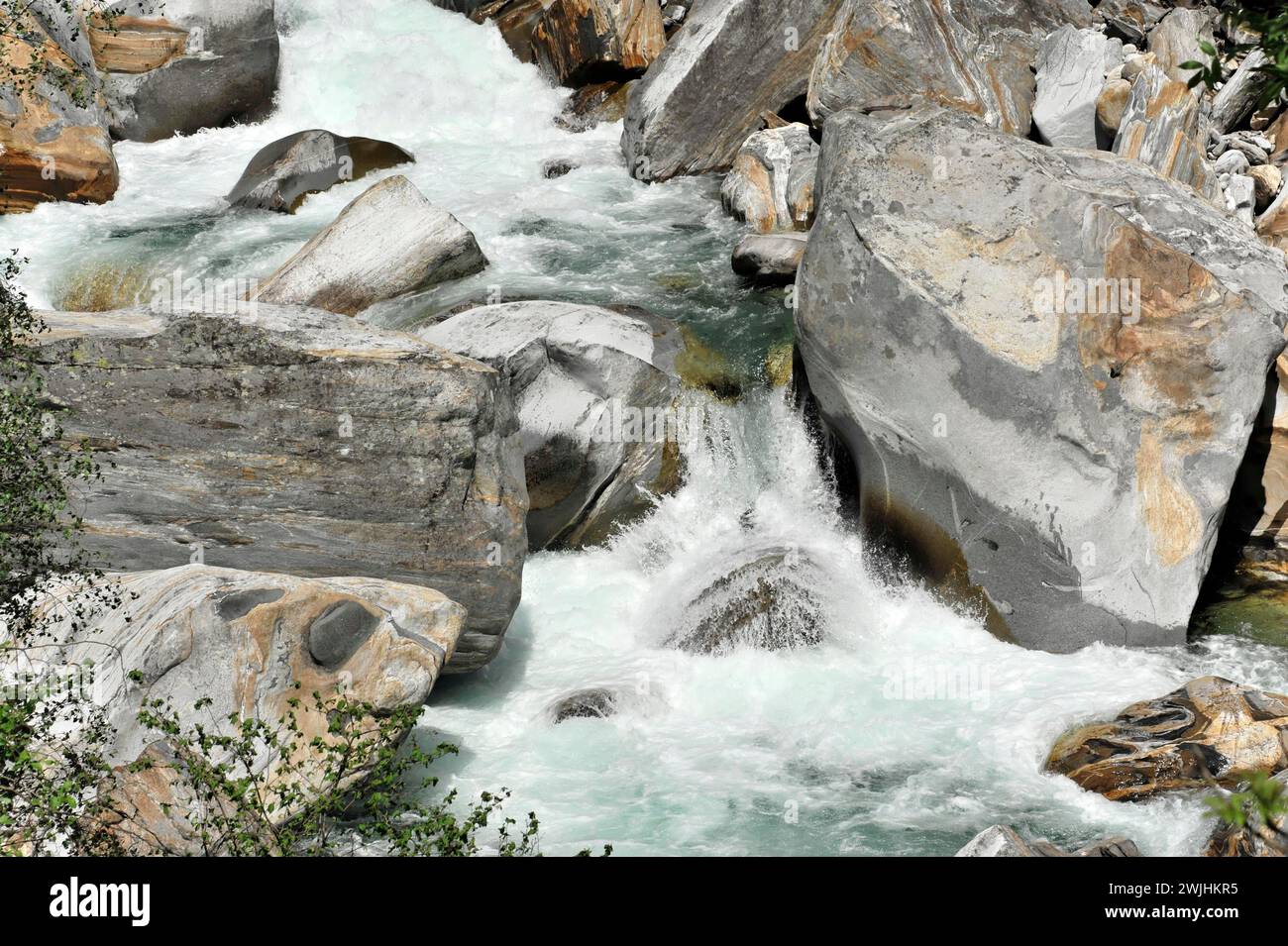 Verzasca mountain river, light-coloured orthogneiss, metamorphic rock ...