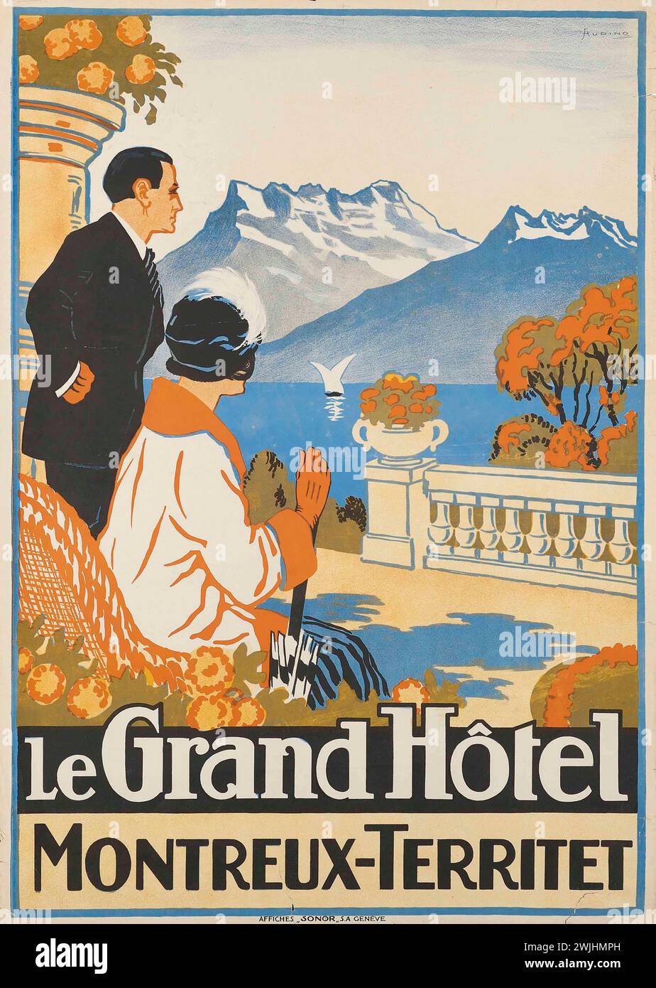 Vintage travel poster. Le Grand HOtel in Montreux-Territet, Switzerland ...