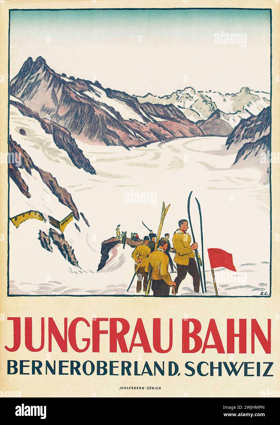 Vintage Swiss Rail travel poster. The Jungfrau Bahn showing skiers at ...