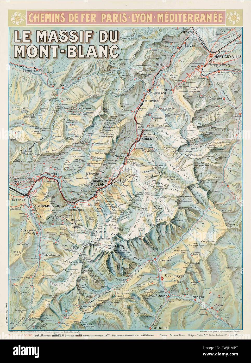 Vintage travel poster. Shows the map of the region of the "Massif du ...