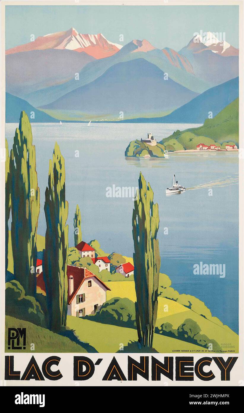 Vintage travel poster. Lac d'Annecy. Picturesque poster with the lake ...