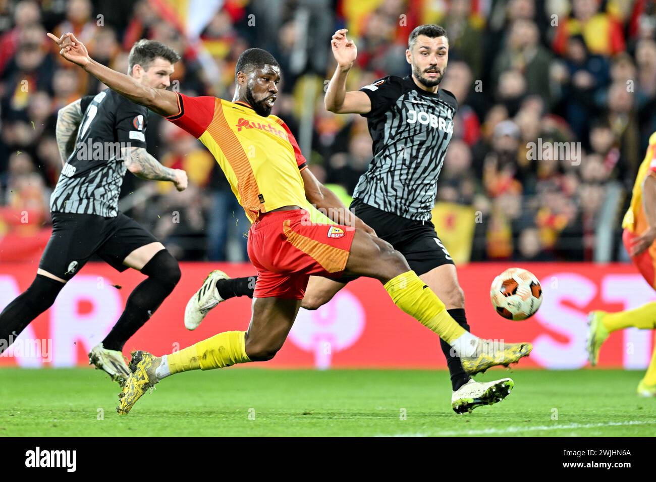 Lens, France. 15th Feb, 2024. Kevin Danso (4) of RC Lens pictured in ...