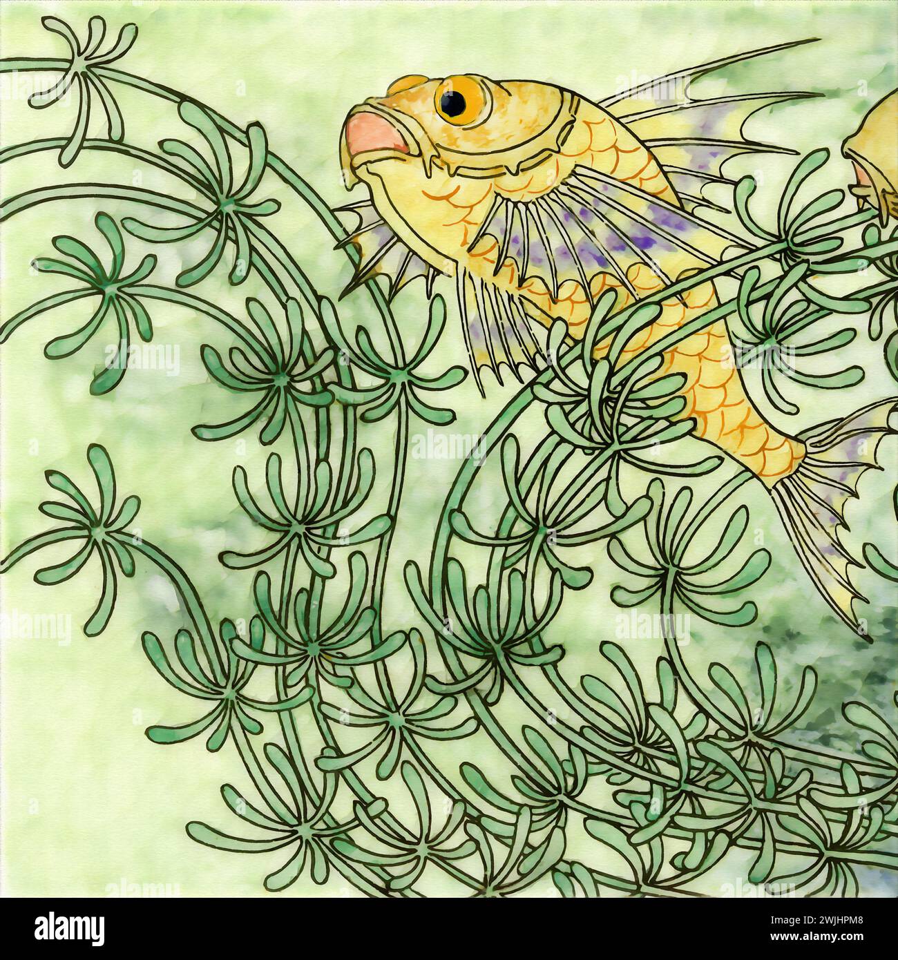Beautiful fish swimming among aquatic plants. Digital Sea life design ...