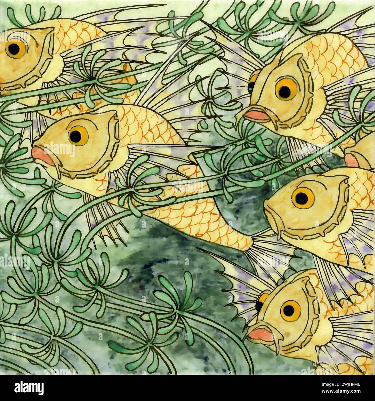 Beautiful fish swimming among aquatic plants. Digital Sea life design ...