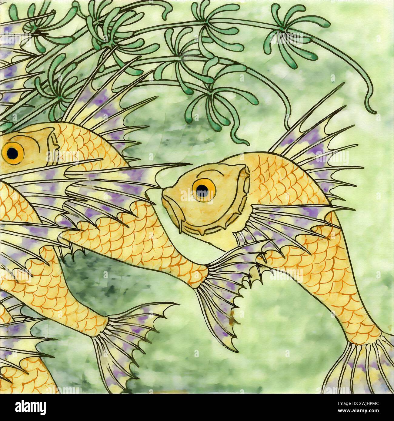 Beautiful fish swimming among aquatic plants. Digital Sea life design ...