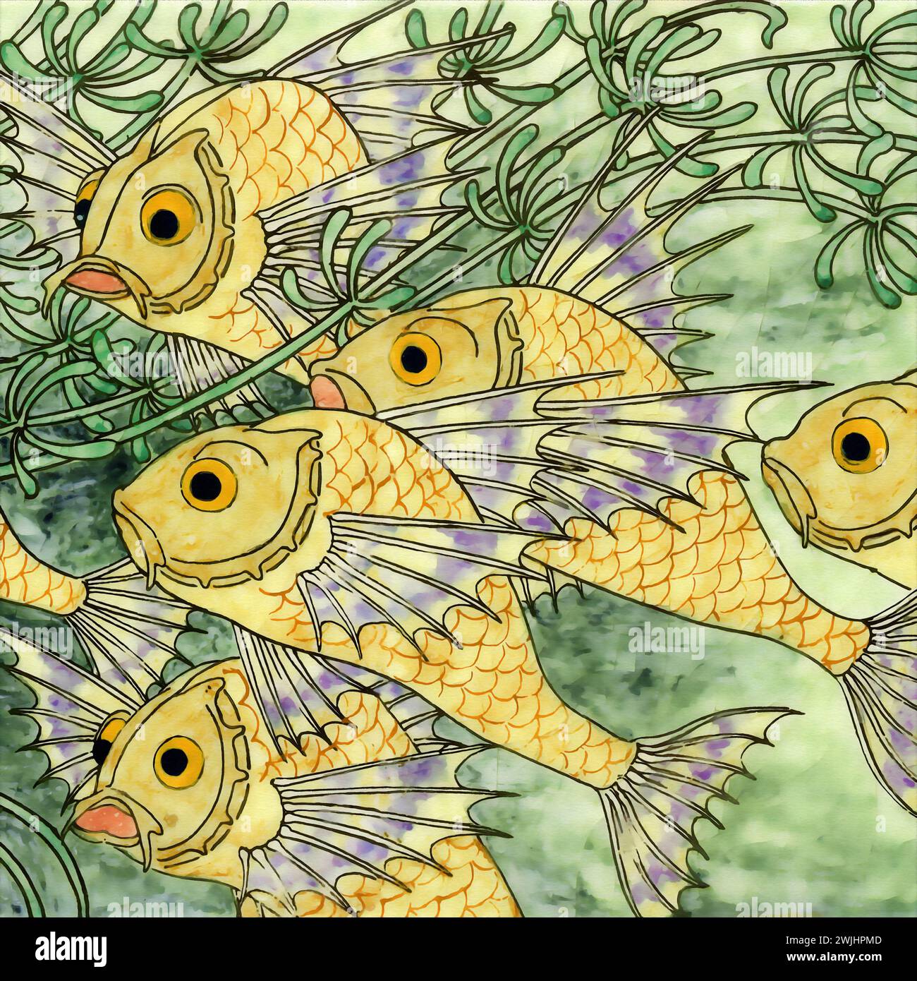 Beautiful fish swimming among aquatic plants. Digital Sea life design ...