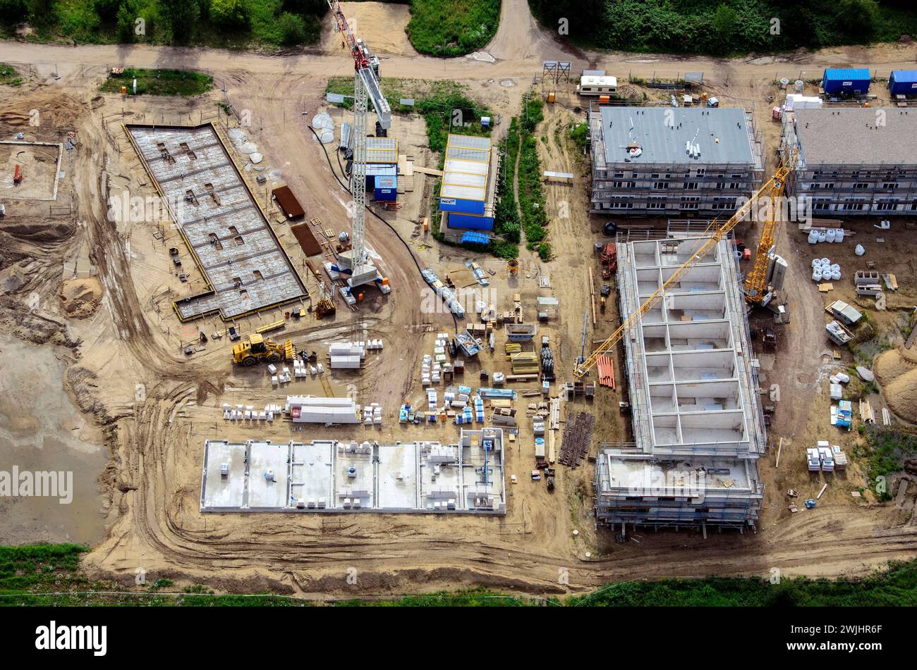 Aerial view, building construction, civil engineering, foundation ...