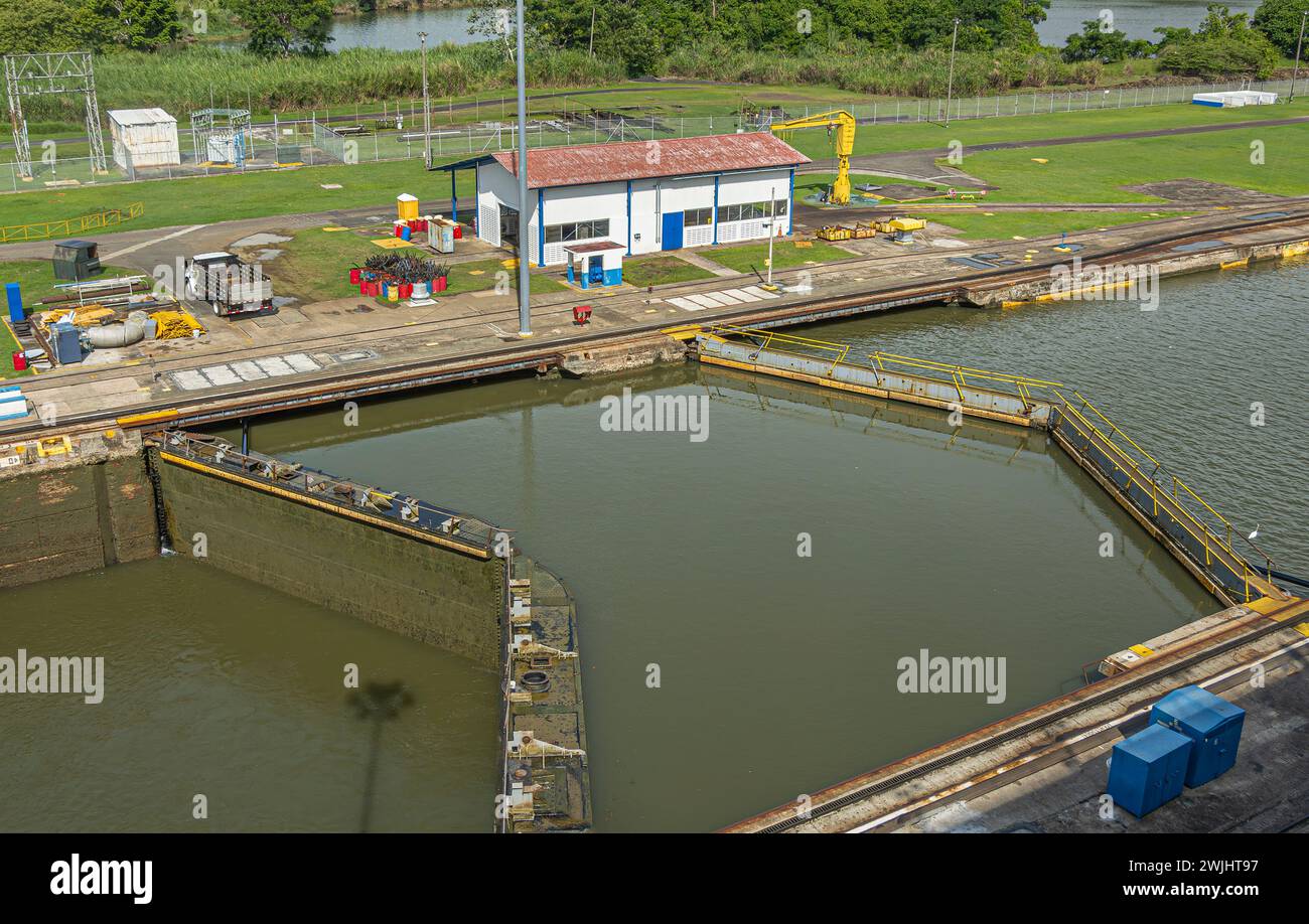 Panama Canal, Panama - July 24, 2023: Closeukp, Miraflores locks double ...
