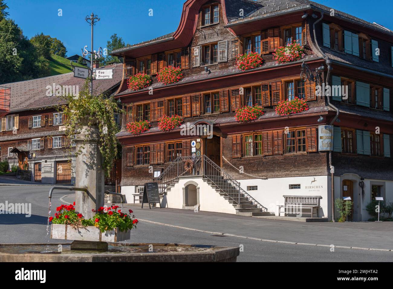 Schwarzenberg, village square with fountain, inn, Bregenz district ...