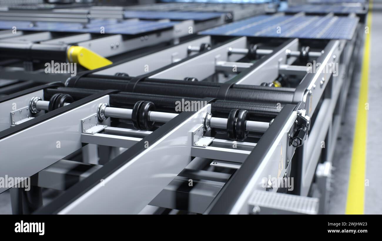 Focus on automated conveyor belt in factory used for distributing solar ...