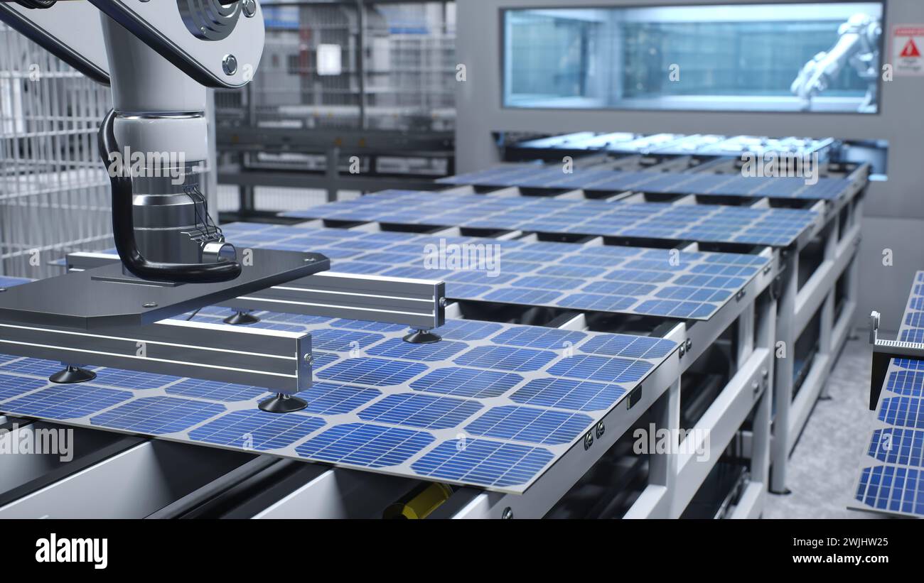 Focus on solar panels on conveyor belts with robotic arms operating in ...