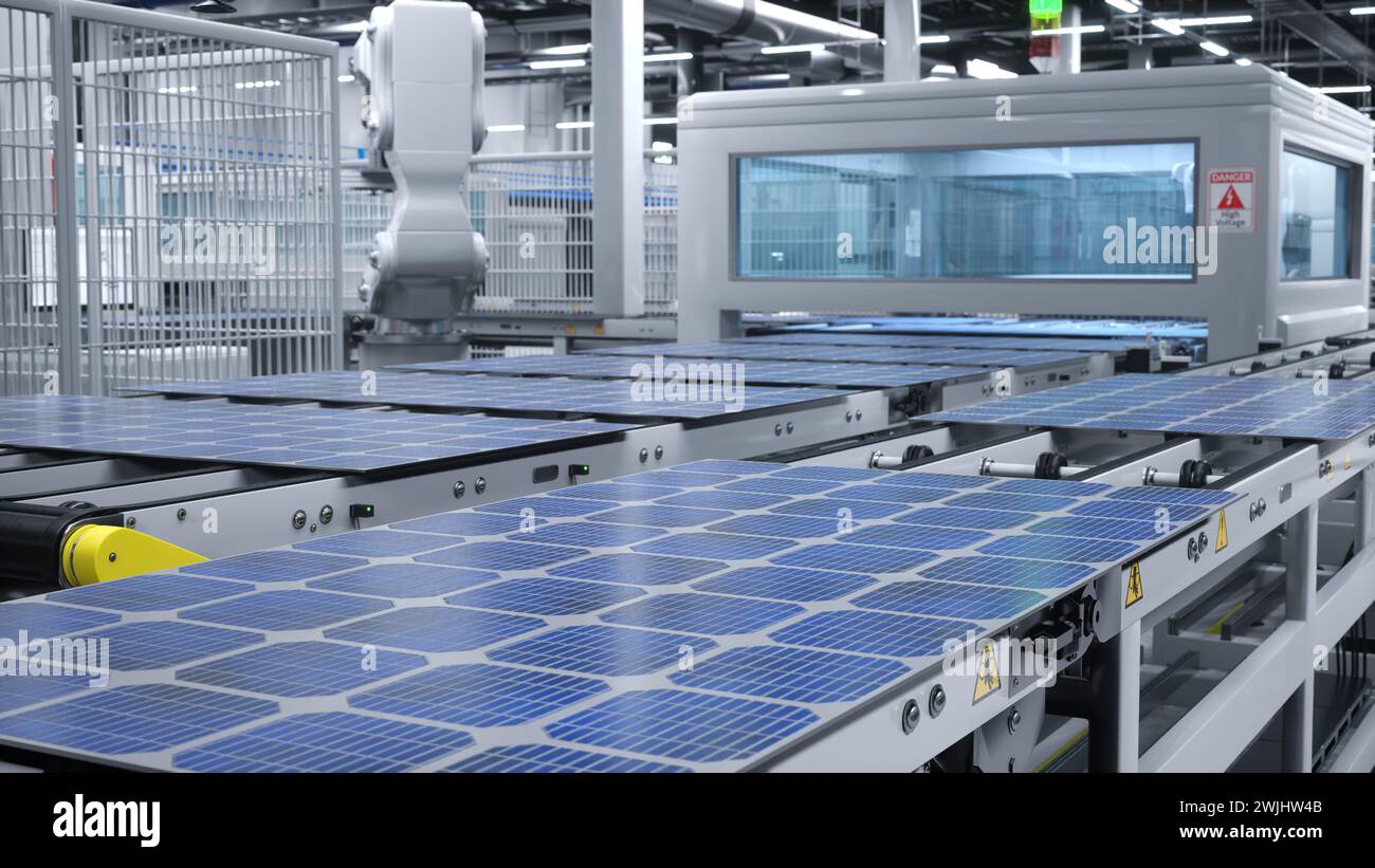 Robot arms in cutting edge solar panel warehouse handling photovoltaic ...